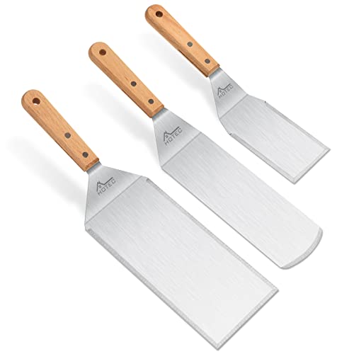 HOTEC Metal Flat Spatula Set Stainless Steel Barbeque Turner Griddle Scraper BBQ Tool, set of 3