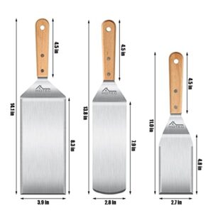 HOTEC Metal Flat Spatula Set Stainless Steel Barbeque Turner Griddle Scraper BBQ Tool, set of 3