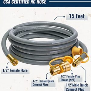 CALPOSE 15 Feet 1/2 inch ID Natural Gas Grill Hose with Quick Connect Fittings and Natural Gas Regulator