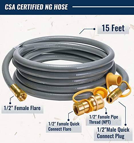 CALPOSE 15 Feet 1/2 inch ID Natural Gas Grill Hose with Quick Connect Fittings and Natural Gas Regulator