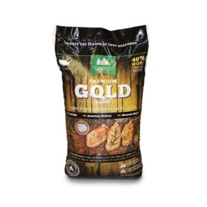 green mountain grills gmg-2001-gold premium gold blend pure hardwood pellets with black oak, hickory, elm, and mesquite wood flavors for meat grilling