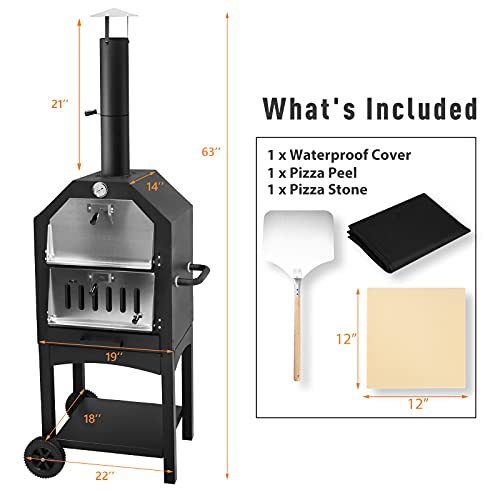 U-MAX Outdoor Portable Pizza Oven Wood Fired Oven with Waterproof Cover, Steel Pizza Grill, 2 Removable Wheels, Pizza Maker Camping Cooker with Pizza Stone