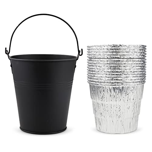 Grisun Grill Drip Grease Bucket & 15-Pack Liners for Traeger, Pit Boss, Camp Chef, Oklahoma Joe's, Z Grill, Black Galvanized Steel Metal Pail with Disposable Aluminum Grill Bucket Liner/Drip Insert