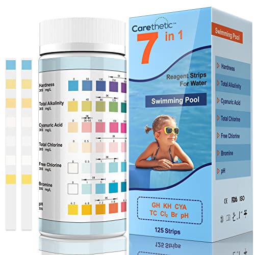 Pool Test Strips - 7 in 1 Pool Test Kit - 125 Counts Spa and Hot Tub Test Strips for Total Hardness, Bromine, pH, Chlorine, Total Alkalinity, Cyanuric Acid - Quick and Accurate by Carethetic