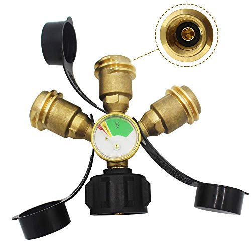 METER STAR Propane Manifold LP Tank Fuel Tee Gauge Adapter Fitting Propane Splitter 3 Way Splitter QCC Connection Cylinder Connector Converter with Leak Detector