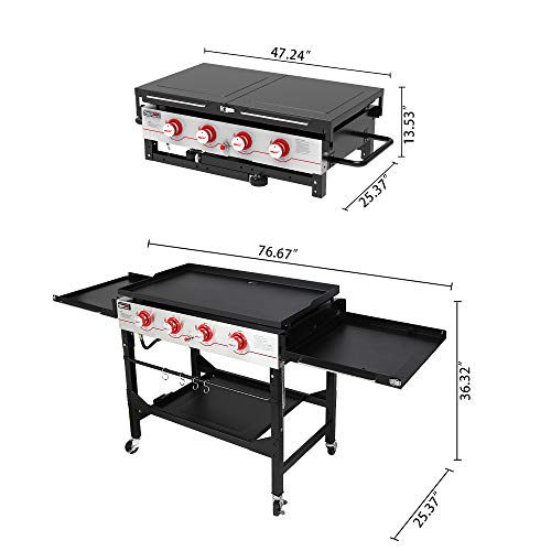 Royal Gourmet GB4000F 36-Inch Flat Top Gas Griddle, 4-Burner Propane BBQ Griddle with Top Cover Lid, Folding Side Shelves and Legs for Large Outdoor Camping, Black