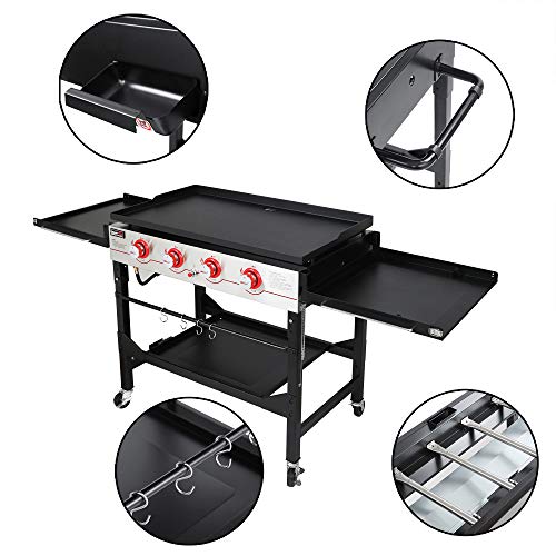 Royal Gourmet GB4000F 36-Inch Flat Top Gas Griddle, 4-Burner Propane BBQ Griddle with Top Cover Lid, Folding Side Shelves and Legs for Large Outdoor Camping, Black