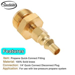 GUOFALDE 1/4" Quick Connect Disconnect Plug, Low Pressure Convert, Propane Brass Adapter Quick Connect Fitting, with 1lb Bottle Tank Thread for RV Portable BBQ Grill, Heater