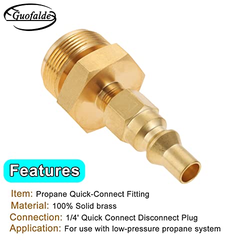 GUOFALDE 1/4" Quick Connect Disconnect Plug, Low Pressure Convert, Propane Brass Adapter Quick Connect Fitting, with 1lb Bottle Tank Thread for RV Portable BBQ Grill, Heater