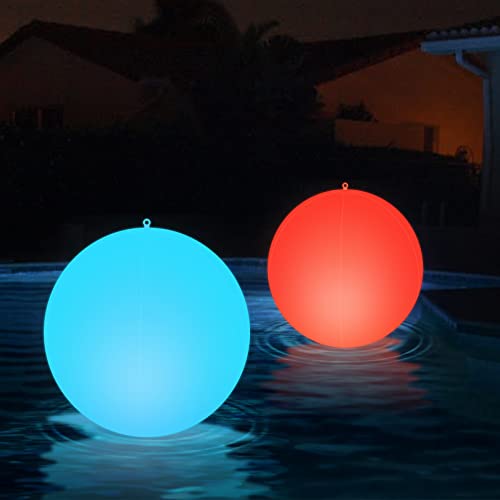 Solar Floating Pool Lights, 14" Pool Lights That Float with RGB Color Changing Inflatable Waterproof Solar Pool Lights for Swimming Pool Hangable Solar Pool Balls for Beach Garden Pathway (2 Pack)