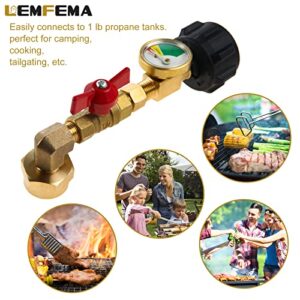 Lemfema QCC1 Propane Refill Elbow Adapter with Propane Tank Gauge, 90 Degrees Propane Refill Pressure Adapter with ON-Off Control Valve for Camping Grill 1LB Bottle Tank 20-40LBS Cylinder