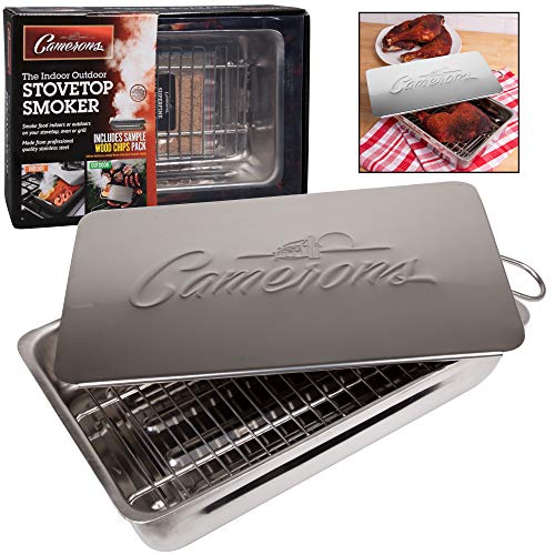 Indoor Outdoor Stovetop Smoker - Stainless Steel Smoker Box w/ Oak Wood Chips & Recipes- Works On Any Heat Source, Indoor Stovetop or Outdoor BBQ Grill-Great Fathers Day Gift & Grilling Gift for Men