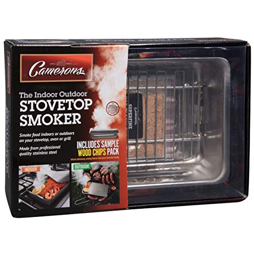 Indoor Outdoor Stovetop Smoker - Stainless Steel Smoker Box w/ Oak Wood Chips & Recipes- Works On Any Heat Source, Indoor Stovetop or Outdoor BBQ Grill-Great Fathers Day Gift & Grilling Gift for Men