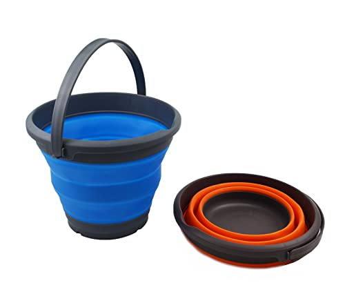 SAMMART 5.5L (1.4 Gallon) Set of 2 Collapsible Plastic Bucket - Foldable Round Tub - Portable Fishing Water Pail - Space Saving Outdoor Waterpot. (Orange + Blue)