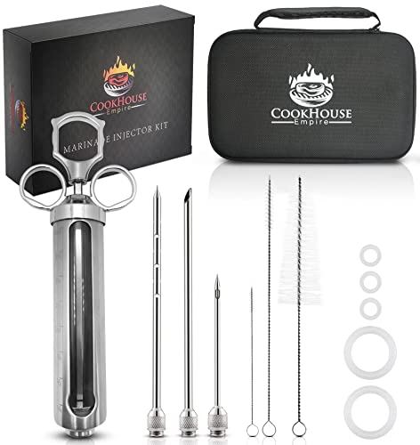 Meat Injectors for Smoking - Stainless Steel Marinade Injector Kit with Case and Window for BBQ, Grilling - 3 Syringe Needles for Injection of Flavor, Sauce - Food Injector for Turkey, Beef, Brisket