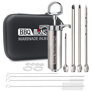 bbq monster meat injector syringe kit with 4 professional marinade injector needles and travel case for bbq grill smoker, turkey, brisket; 2-oz capacity; paper user manual and e-book (pdf)