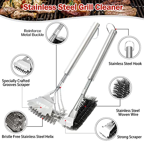 Grill Brush for Outdoor Grill, NOBNOI 2 in 1 Stainless BBQ Grill Brush Kit, Safe Bristle Free Brush with Scraper, BBQ Accessories with Replaceable Heads, Grill Cleaning Kit for All Grill Grates