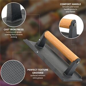 Alpine Cuisine Grill Press Cast Iron - 8x4.5in - Pre Seasoned with Wood Handle, Heavy Duty Steak & Burger Press, Perfect Gadget for Bacon, Paninis, Sandwiches & Vegetables - Weighs 2.9-pounds