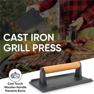 Alpine Cuisine Grill Press Cast Iron - 8x4.5in - Pre Seasoned with Wood Handle, Heavy Duty Steak & Burger Press, Perfect Gadget for Bacon, Paninis, Sandwiches & Vegetables - Weighs 2.9-pounds