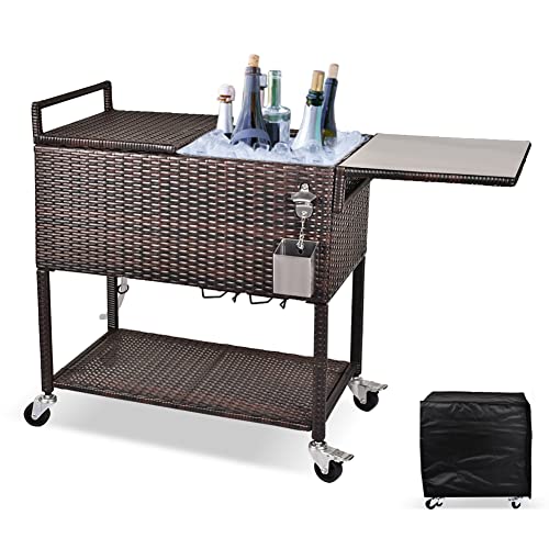 OKIDA Rolling Wicker Cooler Cart Outdoors, 80 Quart Ice Chest with Bottle Opener, Portable Beverage Bar for Patio Pool Party, Rattan Cooler Trolley with Stainless Cutting Board and Waterproof Cover