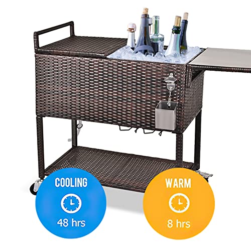 OKIDA Rolling Wicker Cooler Cart Outdoors, 80 Quart Ice Chest with Bottle Opener, Portable Beverage Bar for Patio Pool Party, Rattan Cooler Trolley with Stainless Cutting Board and Waterproof Cover