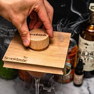 Smoktastic Solid Red Oak Cocktail Smoker With Hickory Wood Chips - Old Fashioned Smoker Kit For Whiskey, Bourbon, Cocktails, Tea, And More - Bartending Kit For Drinks With Larger Square Top