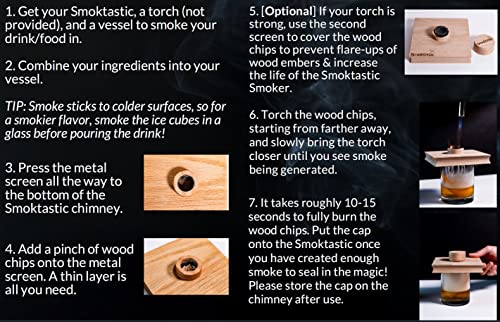 Smoktastic Solid Red Oak Cocktail Smoker With Hickory Wood Chips - Old Fashioned Smoker Kit For Whiskey, Bourbon, Cocktails, Tea, And More - Bartending Kit For Drinks With Larger Square Top