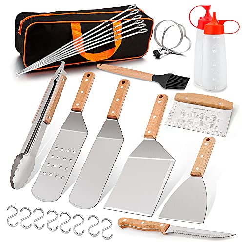 Leonyo Griddle Accessories Set of 19, Heavy Duty Metal Grilling Spatula for Cast Iron Flat Top Teppanyaki Hibachi Cooking, BBQ Burger Spatula Turner Kit, Carrying Bag, Men Gift