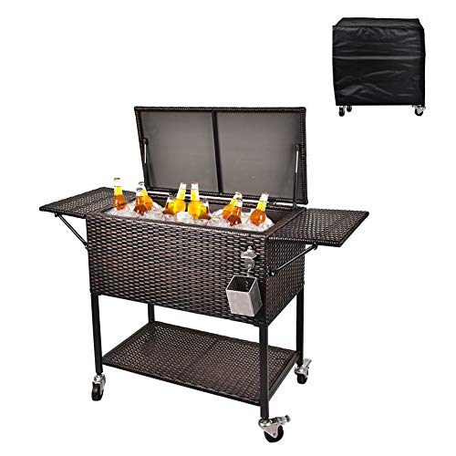 Top Union 80 Quart Rattan Rolling Cooler Cart, Portable Wicker Cooler Trolley, Backyard Party Drink Beverage Bar, Ice Chest with Wheels (Brown)