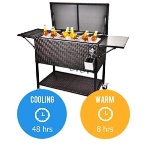 Top Union 80 Quart Rattan Rolling Cooler Cart, Portable Wicker Cooler Trolley, Backyard Party Drink Beverage Bar, Ice Chest with Wheels (Brown)