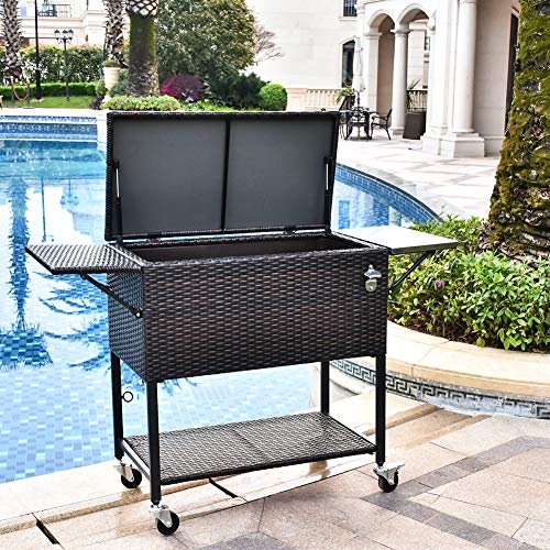 Top Union 80 Quart Rattan Rolling Cooler Cart, Portable Wicker Cooler Trolley, Backyard Party Drink Beverage Bar, Ice Chest with Wheels (Brown)