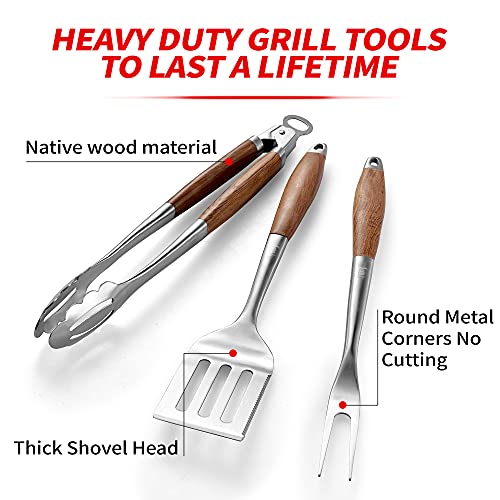 GRILAZ Heavy-Duty Rose Wooden BBQ Grilling Tools Set. Extra Thick Stainless Steel Multi-Function Spatula, Fork & Tongs | Essential Accessories for Barbecue & Grill. Ideal Gift for Father