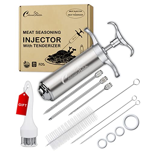 Culinary Hutch Meat Injector Syringe with Meat Tenderizer - 304-Stainless Steel Meat Injector Syringe Kit, 3 Needles, 3 Brushes, O-Rings set - Grilling, BBQ Accessories, 2-oz Large Capacity Barrel