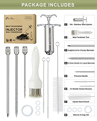 Culinary Hutch Meat Injector Syringe with Meat Tenderizer - 304-Stainless Steel Meat Injector Syringe Kit, 3 Needles, 3 Brushes, O-Rings set - Grilling, BBQ Accessories, 2-oz Large Capacity Barrel