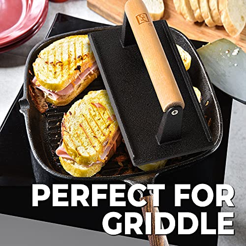 Cast Iron Grill Press (Set of 2) - 8 x 4 Inch, 2.6 lb Griddle Press with Cool-Touch Wood Handle - Pre-seasoned Meat Press for Steak, Burgers, Sandwiches, and Paninis – Non-Stick Bacon Press