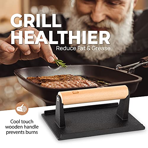 Cast Iron Grill Press (Set of 2) - 8 x 4 Inch, 2.6 lb Griddle Press with Cool-Touch Wood Handle - Pre-seasoned Meat Press for Steak, Burgers, Sandwiches, and Paninis – Non-Stick Bacon Press