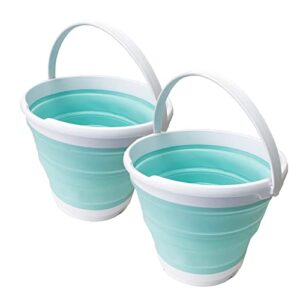 sammart 10l (2.6 gallon) collapsible plastic bucket – foldable round tub – portable fishing water pail – space saving outdoor waterpot, size 33cm dia (white/lake green (set of 2))