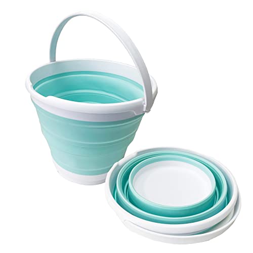 SAMMART 10L (2.6 Gallon) Collapsible Plastic Bucket - Foldable Round Tub - Portable Fishing Water Pail - Space Saving Outdoor Waterpot, Size 33cm Dia (White/Lake Green (Set of 2))