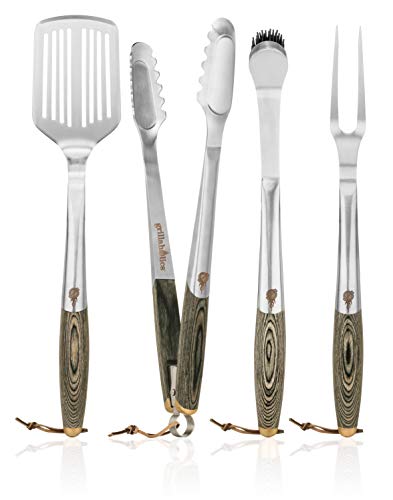 Grillaholics Premium BBQ Grill Tools - Luxury 4-Piece Barbecue Utensils Grill Set - Wooden Gift Box Includes Barbeque Tongs, Meat Fork, Grill Spatula & Basting Brush