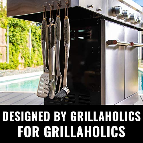 Grillaholics Premium BBQ Grill Tools - Luxury 4-Piece Barbecue Utensils Grill Set - Wooden Gift Box Includes Barbeque Tongs, Meat Fork, Grill Spatula & Basting Brush