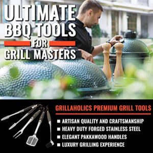 Grillaholics Premium BBQ Grill Tools - Luxury 4-Piece Barbecue Utensils Grill Set - Wooden Gift Box Includes Barbeque Tongs, Meat Fork, Grill Spatula & Basting Brush