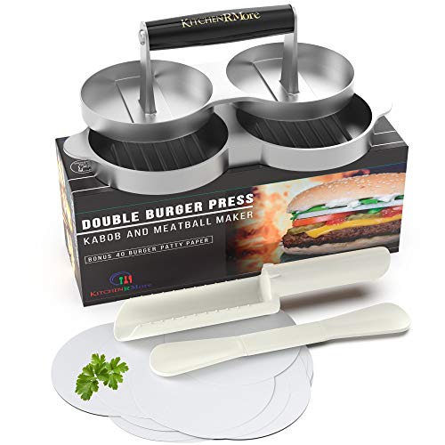 Kitchen RMore Double Burger Press + Kabob Maker + Meatball Shaper + 40 Patty Paper + Recipe EBook | Non-Stick Aluminum Hamburger Press Patty Maker for Perfect Meat Patties, Beyond Burger