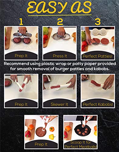 Kitchen RMore Double Burger Press + Kabob Maker + Meatball Shaper + 40 Patty Paper + Recipe EBook | Non-Stick Aluminum Hamburger Press Patty Maker for Perfect Meat Patties, Beyond Burger