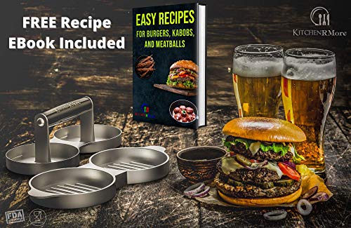 Kitchen RMore Double Burger Press + Kabob Maker + Meatball Shaper + 40 Patty Paper + Recipe EBook | Non-Stick Aluminum Hamburger Press Patty Maker for Perfect Meat Patties, Beyond Burger