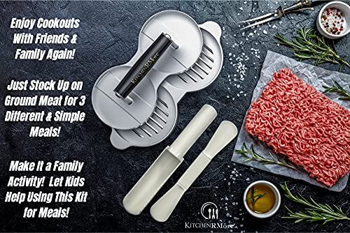 Kitchen RMore Double Burger Press + Kabob Maker + Meatball Shaper + 40 Patty Paper + Recipe EBook | Non-Stick Aluminum Hamburger Press Patty Maker for Perfect Meat Patties, Beyond Burger