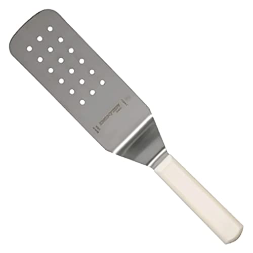 Dexter Stainless Steel Perforated Turner with White Polypropylene Handle - 8"L Blade