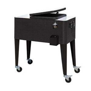 outsunny 80 qt rolling cooling bins ice chest on wheels outdoor stand up drink cooler cart for party, dark brown wicker