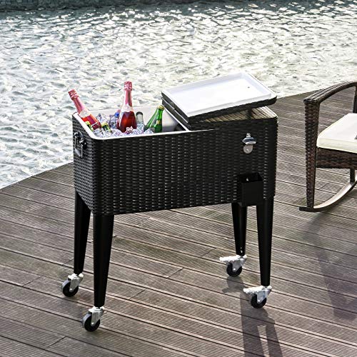 Outsunny 80 QT Rolling Cooling Bins Ice Chest on Wheels Outdoor Stand Up Drink Cooler Cart for Party, Dark Brown Wicker