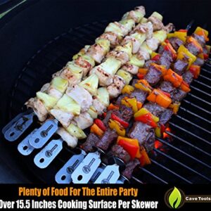 Cave Tools Skewers Set - 10 Stainless Steel Wide BBQ Kebob Sticks for BBQ Grill - Flat Metal with Food Remover Disc - BBQ Accessories, 17.3 Inch