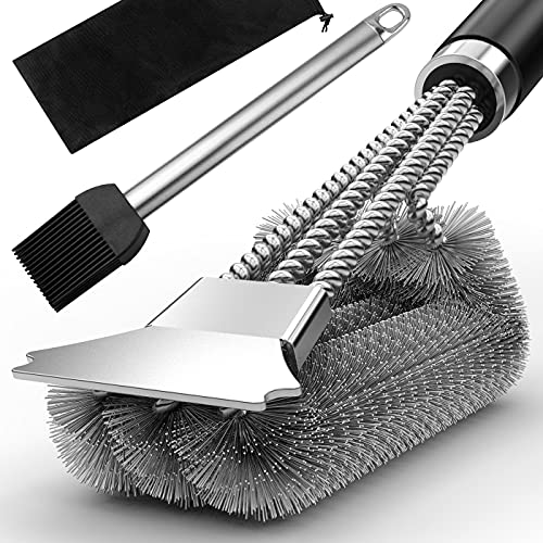 Grill Brush with Extra Strong Long Handle BBQ Cleaner Accessories - Safe Wire BBQ Brush, Triple Barbecue Scrubber Cleaning Brush for Gas/Charcoal Grilling Grates